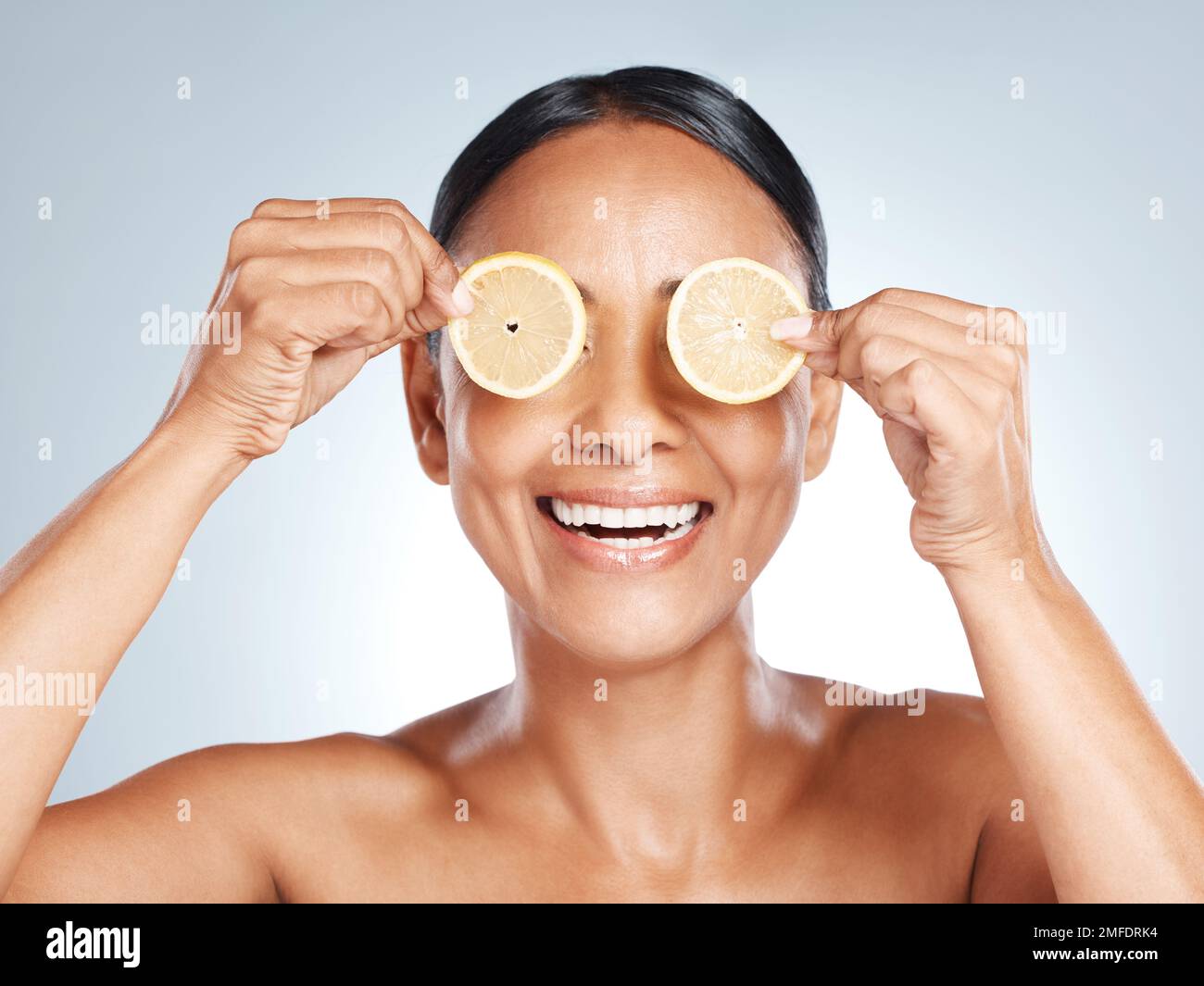 Lemon, woman face and vitamin c skincare, beauty or clean wellness on ...