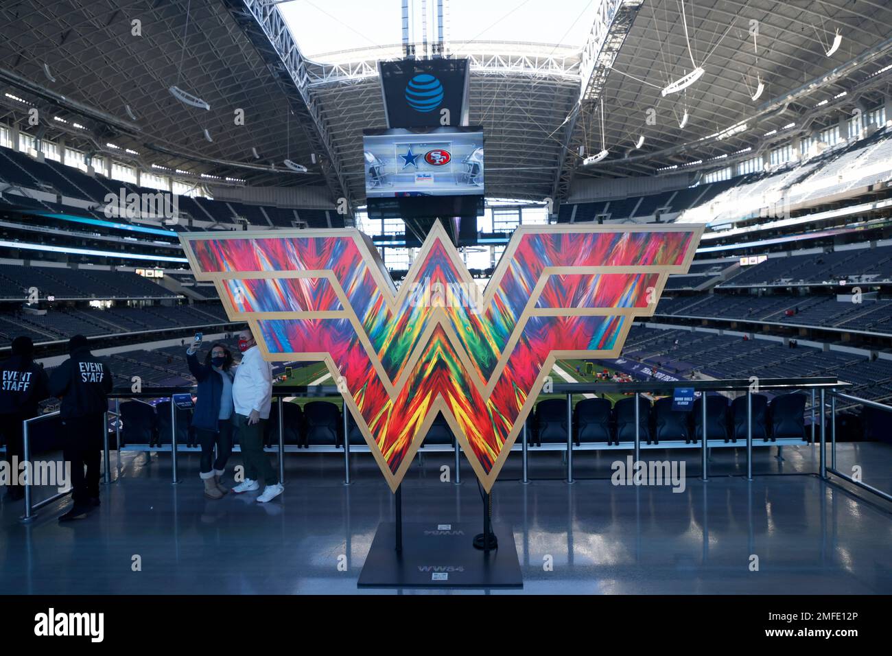 A sculpture in the shape of the "Wonder Woman" logo sits on the main ...