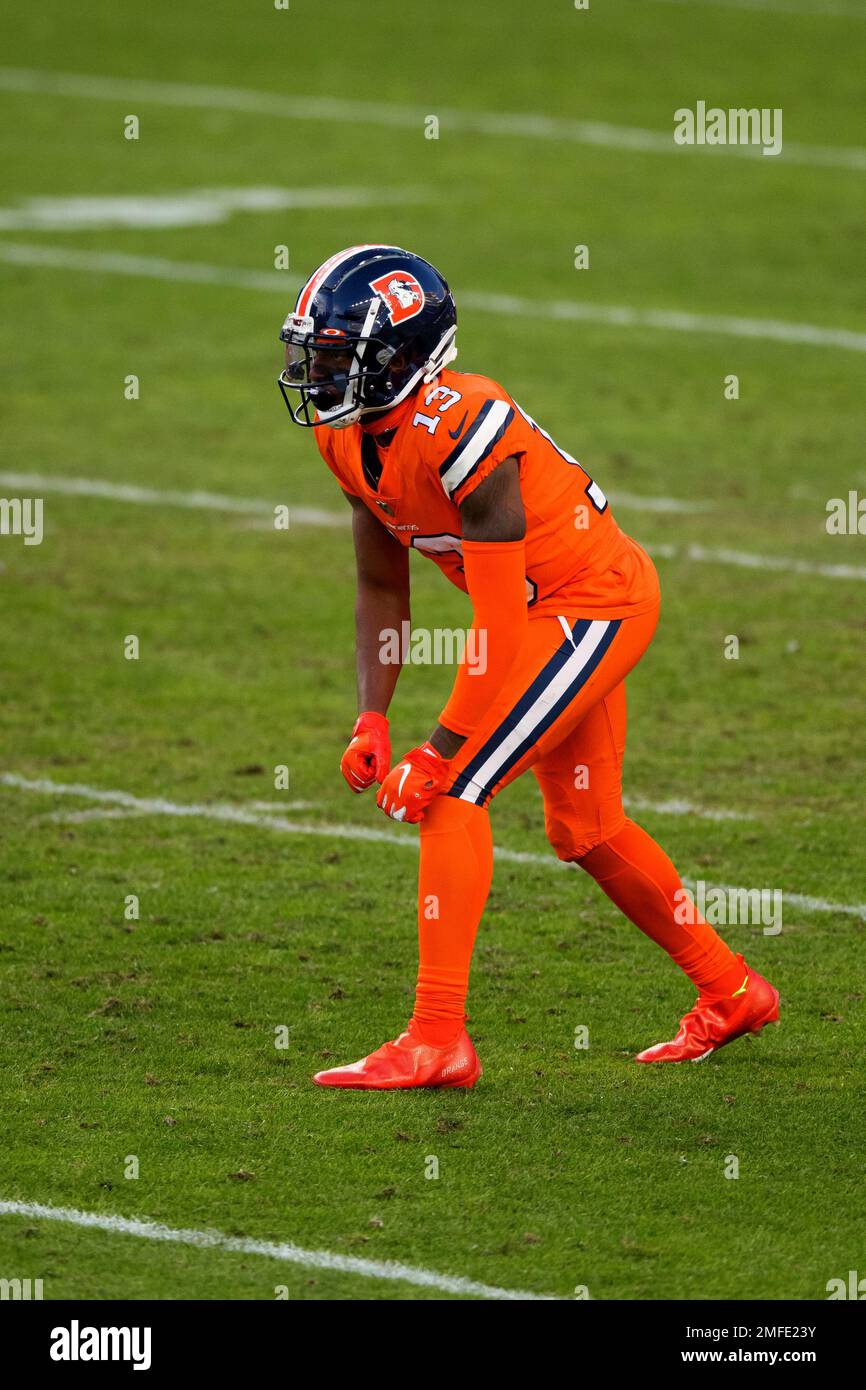Denver Broncos wide receiver KJ Hamler (13) lines up against the ...