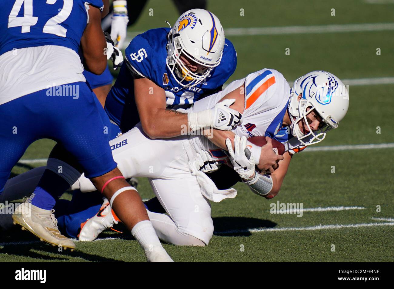 San Jose State defensive lineman Cade Hall (92) sacks Boise State ...