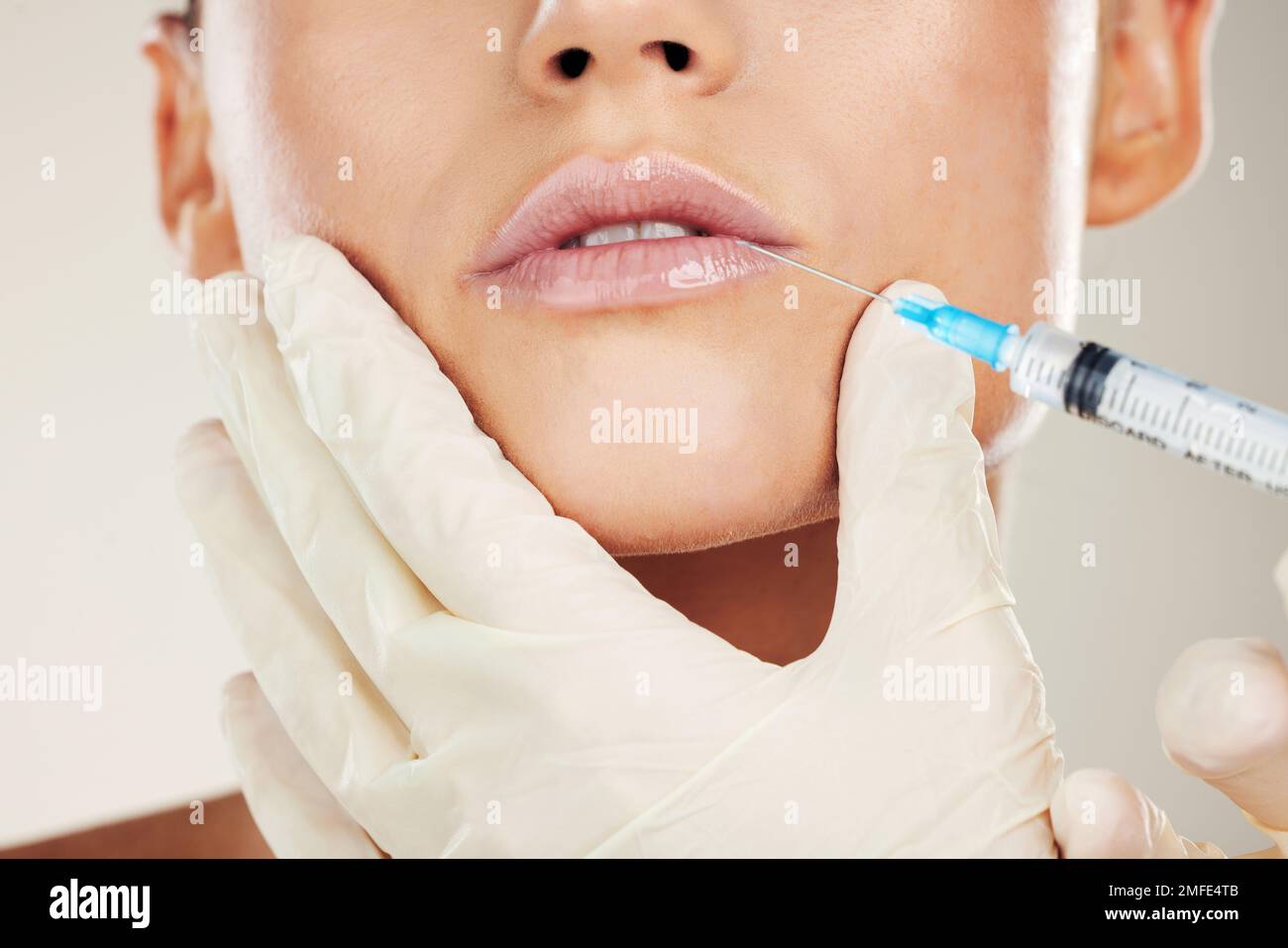 Skincare, mouth and collagen, woman with injection in lips from ...