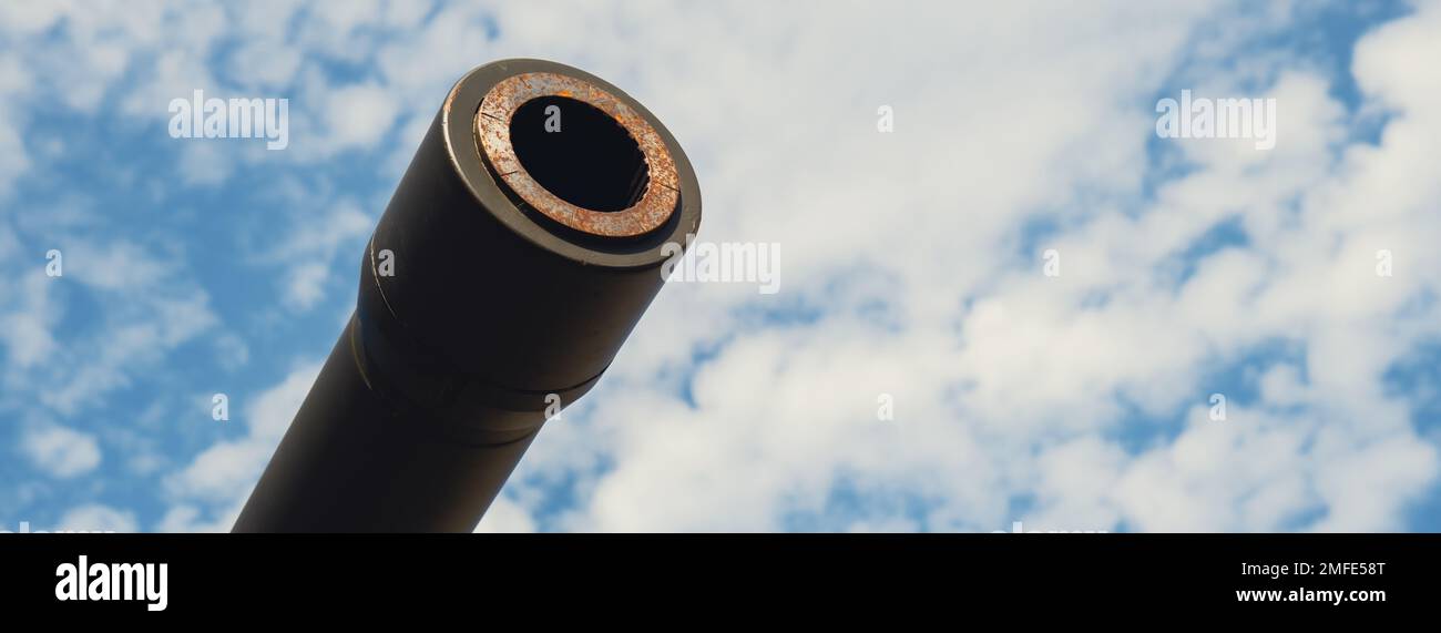 Tower of armored personnel carrier or tank. Heavy weapons of war, sky ...