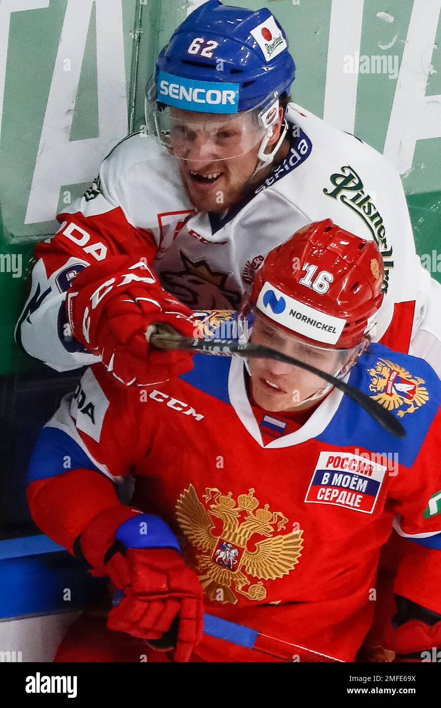 Czech Republic's Andrej Sustr, top, and Russia's Denis Zernov battle ...