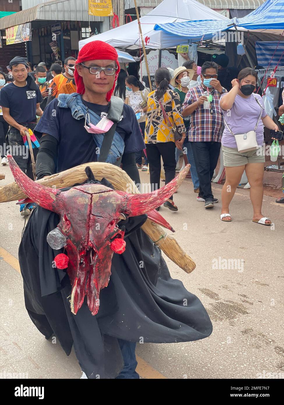 A Scary Bull Mask and Horns at the Ghost Festival in Thailand Stock ...