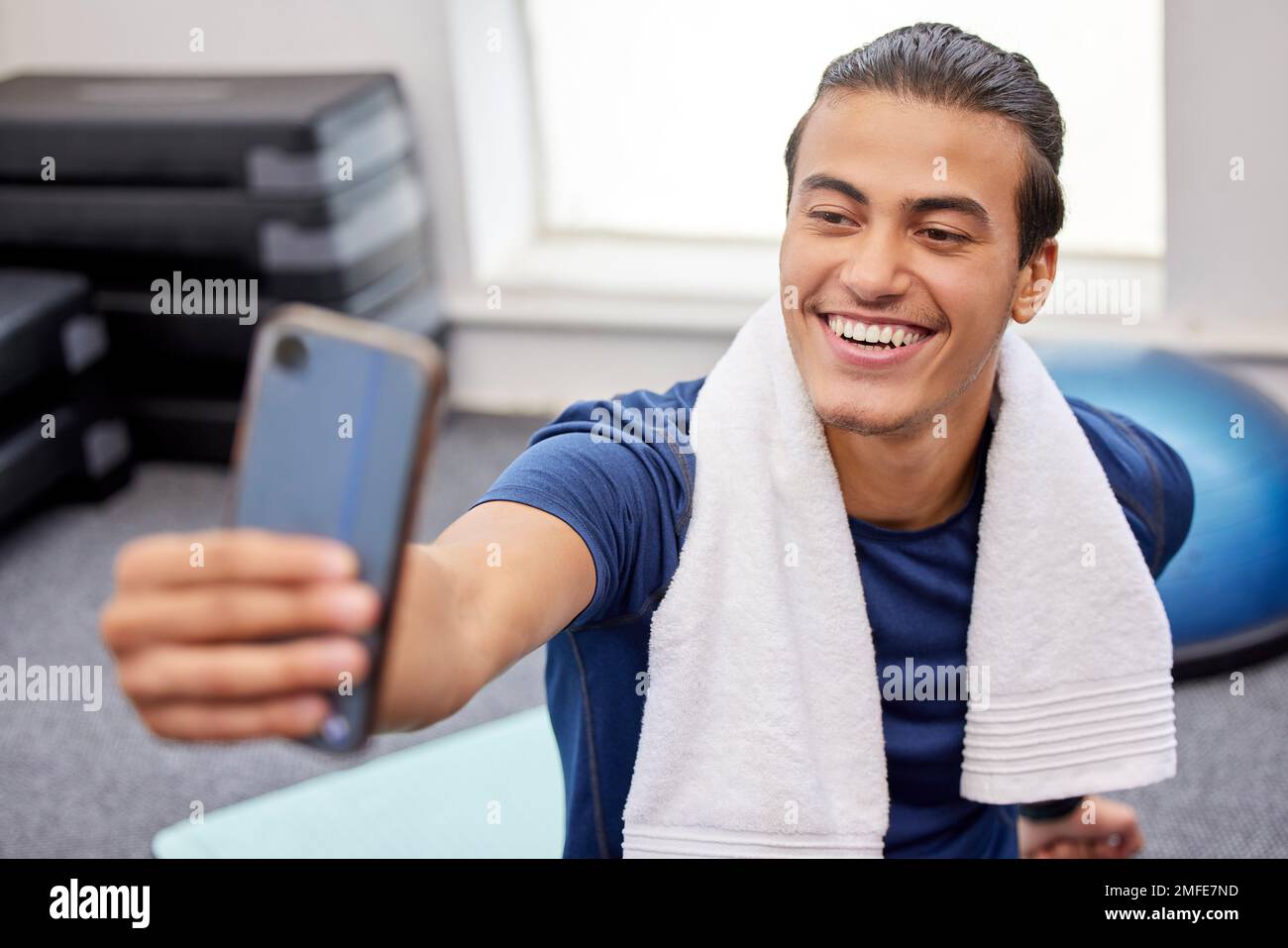 Fitness, man and smile for selfie, social media or profile picture with ...