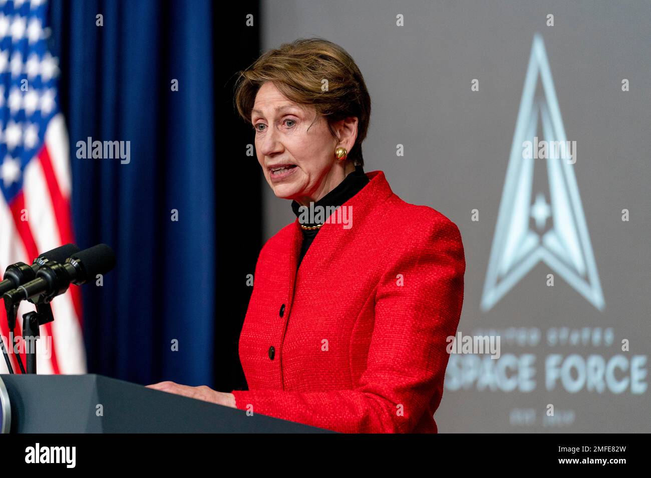 Secretary of the Air Force Barbara Barrett speaks at a ceremony to ...