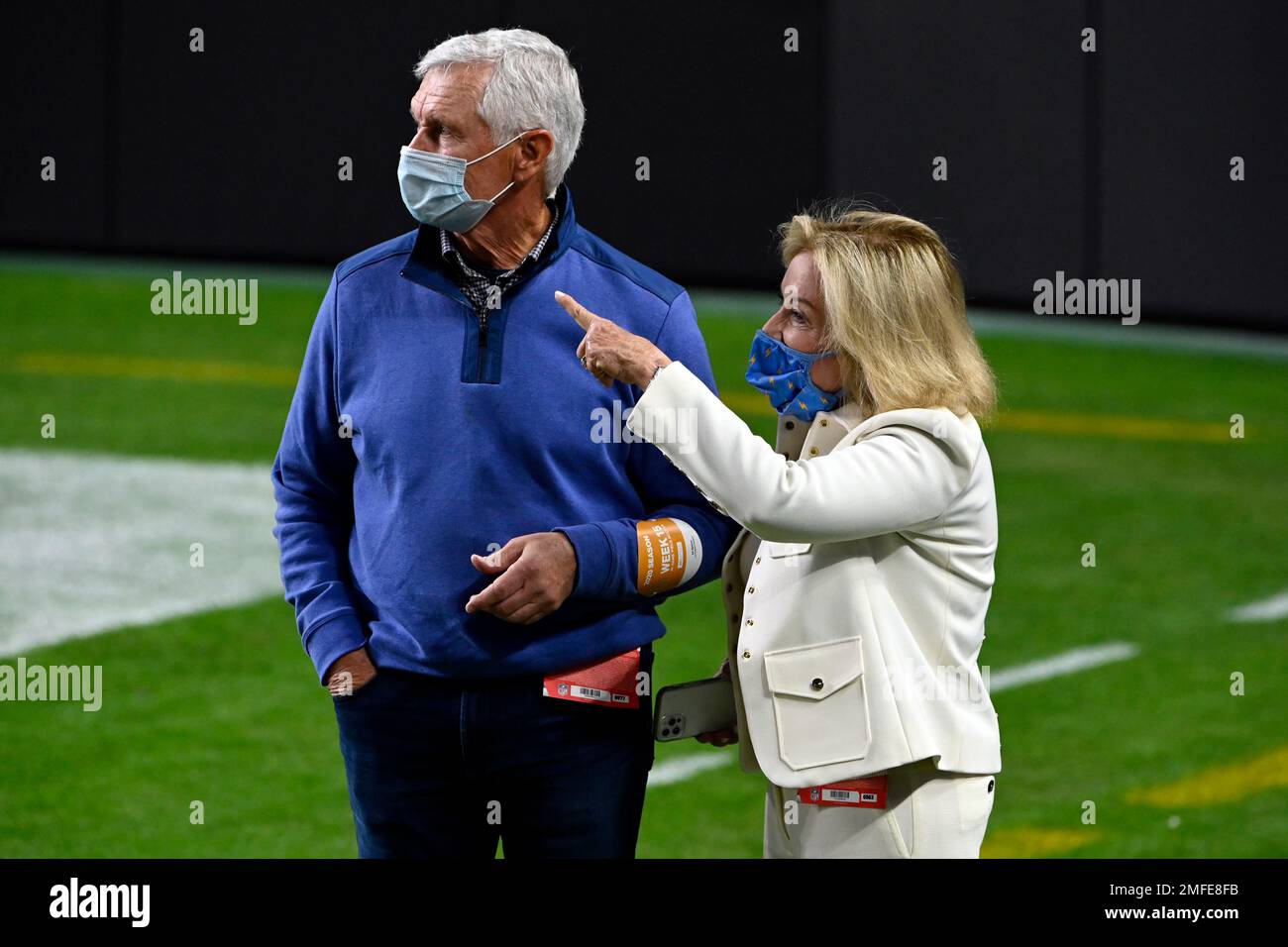 A.G. Spanos, left, and Susie Spanos on the sidelines before an an NFL ...
