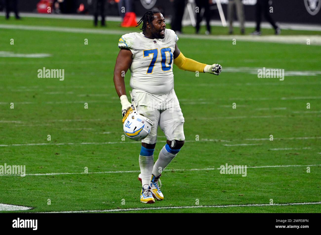 Los Angeles Chargers offensive guard Trai Turner (70) reacts after ...
