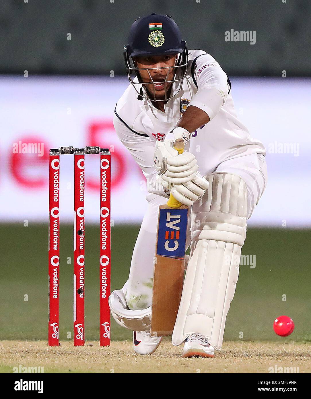 India's Mayank Agarwal plays a shot against Australia on the second day ...
