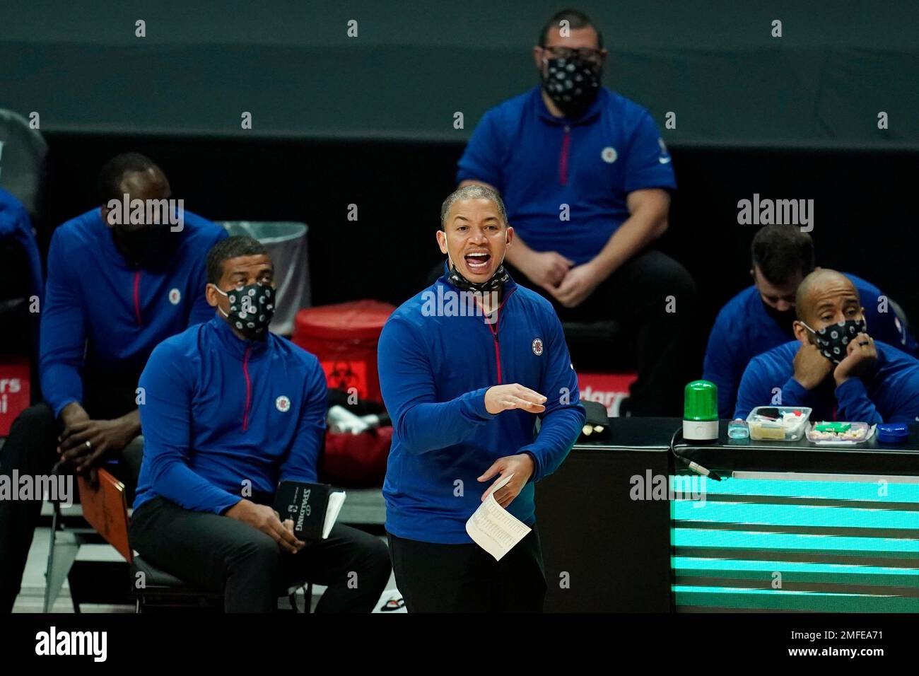Los Angeles Clippers head coach Tyronn Lue yells from the bench during ...