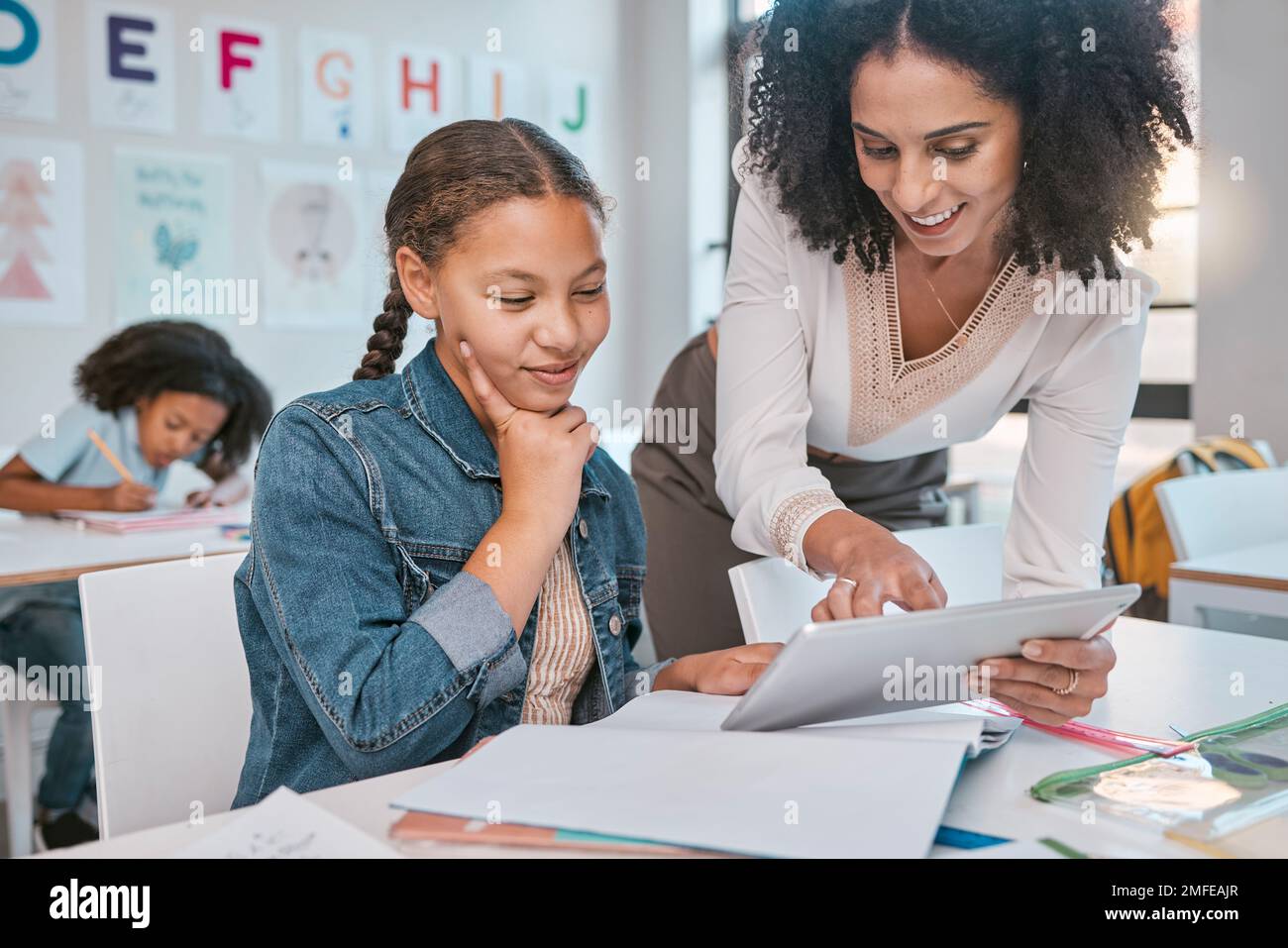 Tablet, education and teacher with child learning, thinking and idea in ...