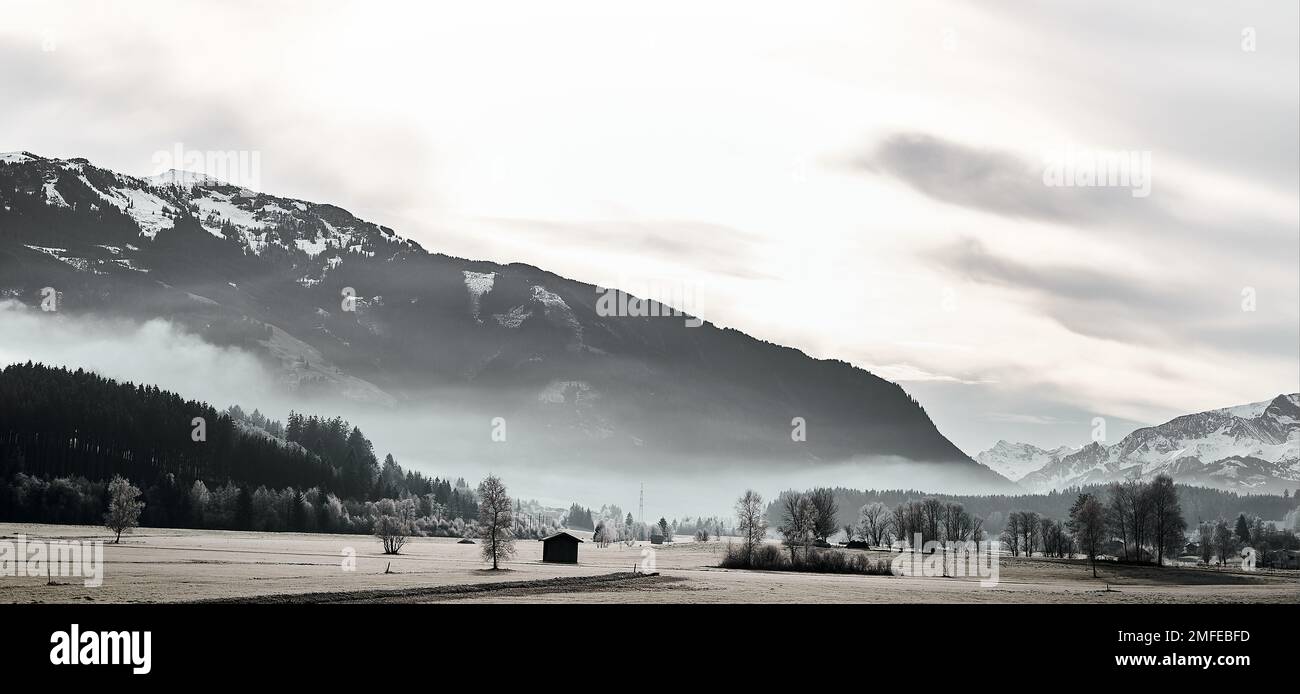 A grayscale of a beautiful landscape with mountains and forests Stock ...
