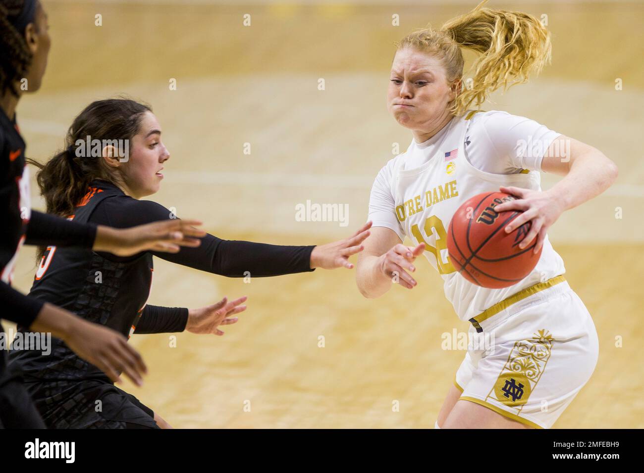 Notre Dame's Abby Prohaska (12) gets pressure from Virginia Tech's ...