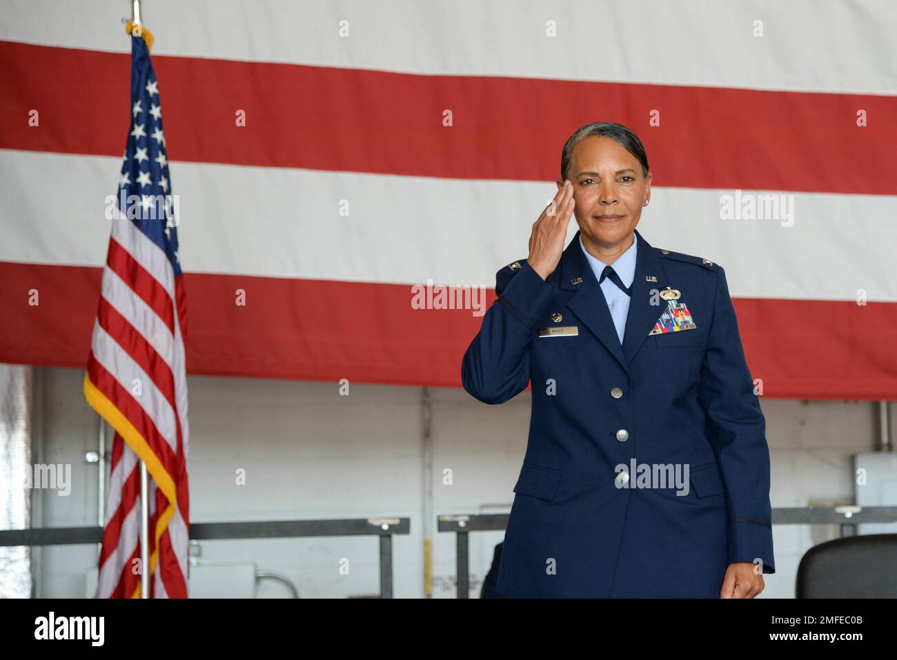U.S. Air Force Col. Yvonne Mays, 177th Mission Support Group commander, renders her first salute ...