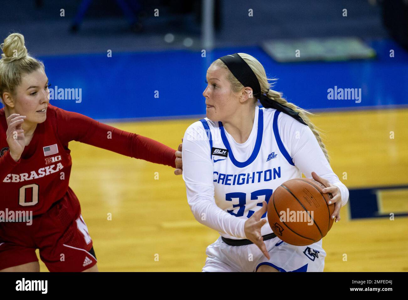 Creighton guard Payton Brotzki (33) lookding to pass against Nebraska ...