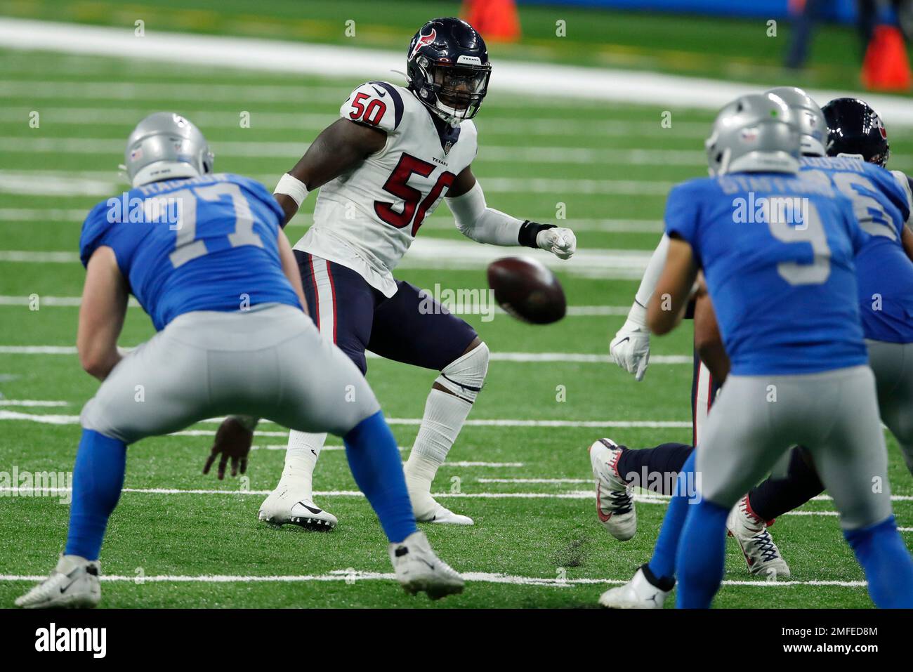Houston Texans outside linebacker Tyrell Adams (50) lines up against ...