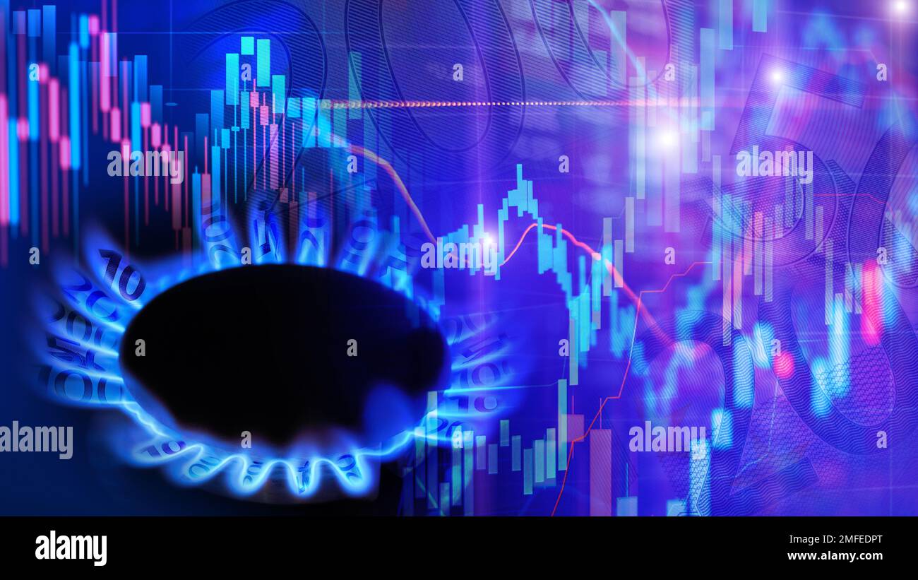 Natural gas cost growth concept with gas burners and stock charts Stock ...