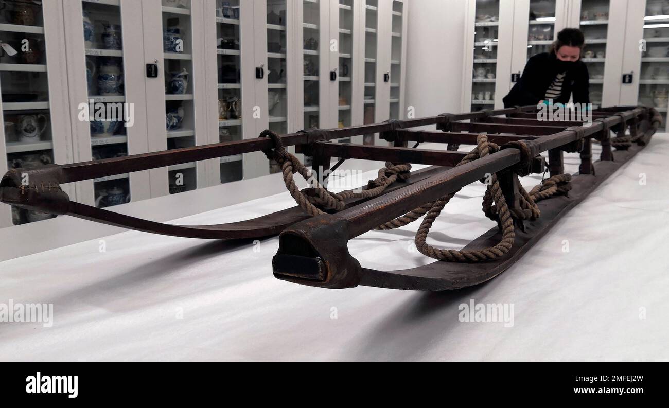 An eleven-foot wooden sledge used on Anglo-Irish explorer Ernest ...
