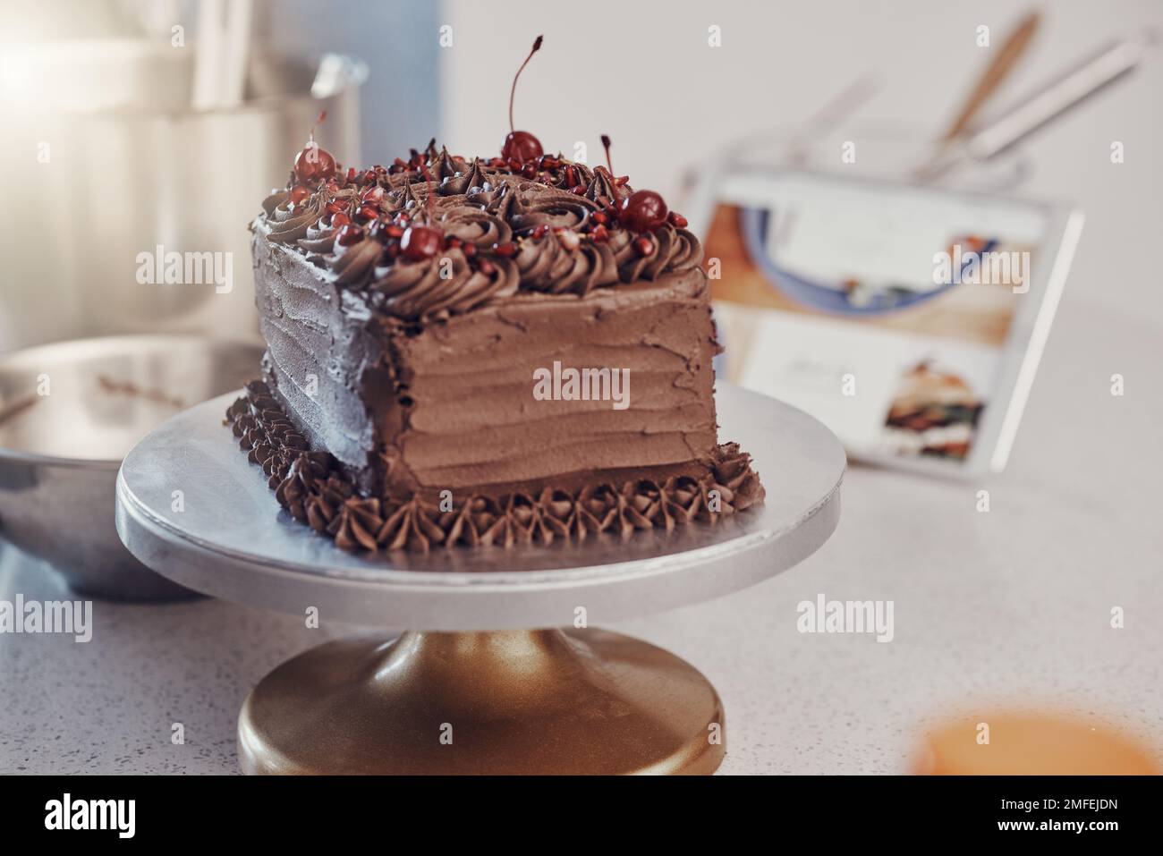 Chocolate cake, table and home with bakery dessert for fine dining ...