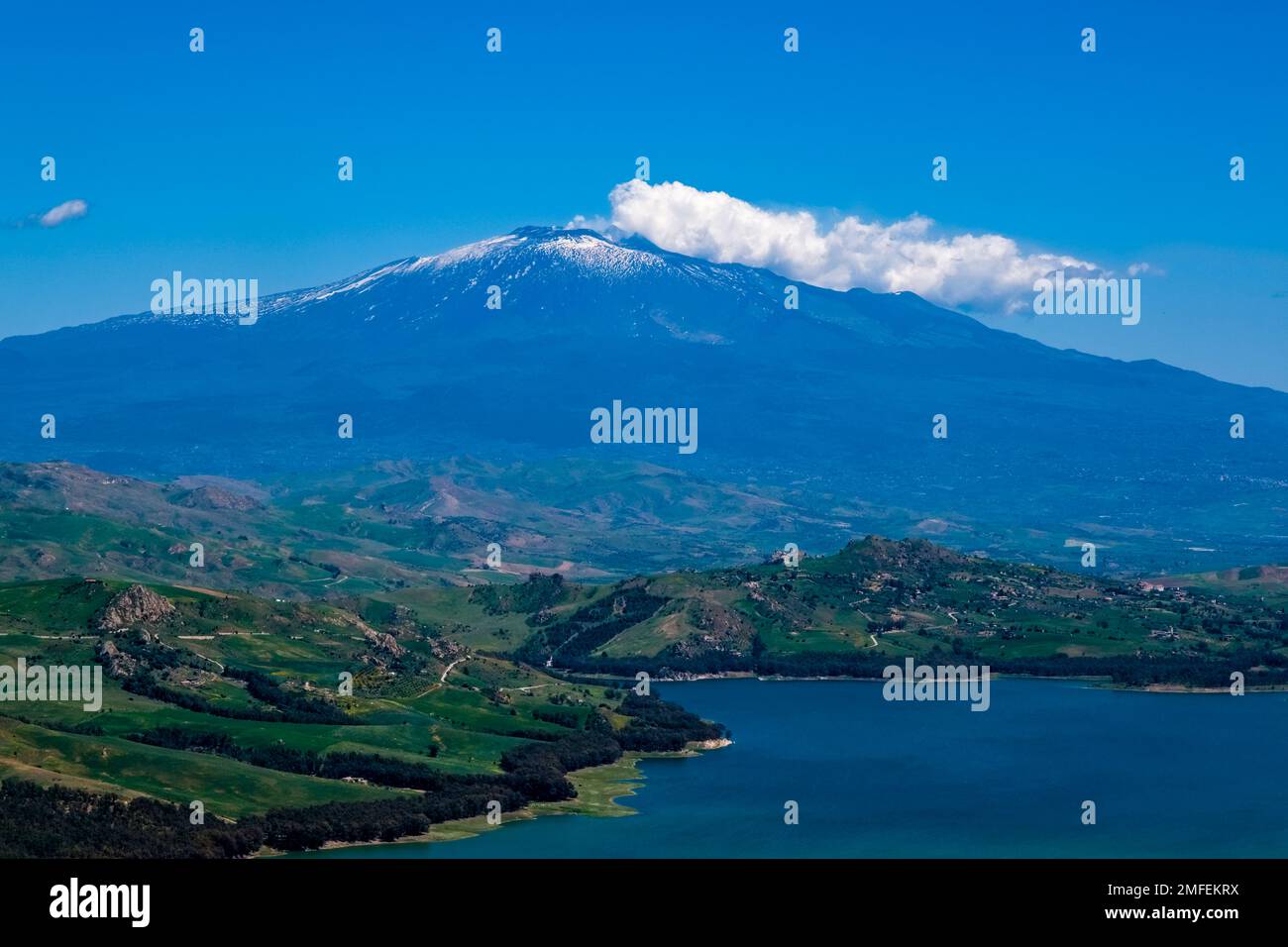 Aerial view on agricultural landscape with green hills, trees and ...