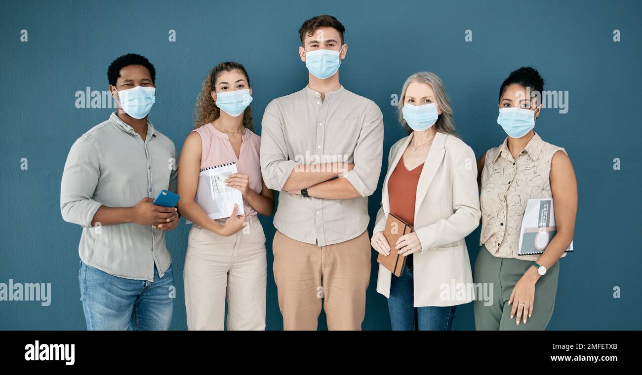 Portrait, covid and leader with business people in office for health ...