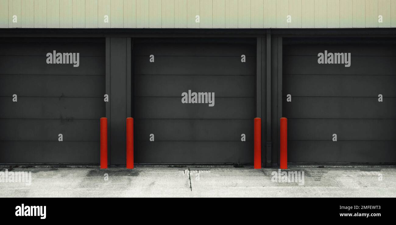 Texture of black garage door, red poles, panoramic view Stock Photo - Alamy