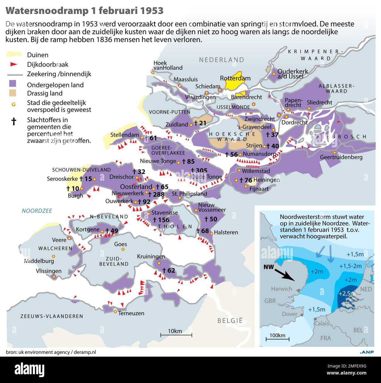 Flood disaster 1953, overview of flooded area and worst affected places ...