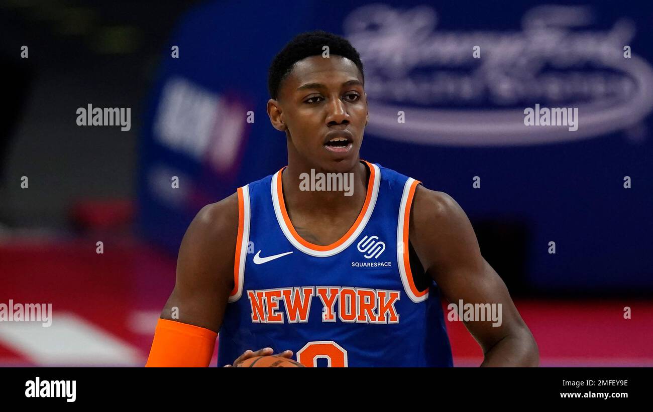 New York Knicks guard RJ Barrett brings the ball up court during the ...
