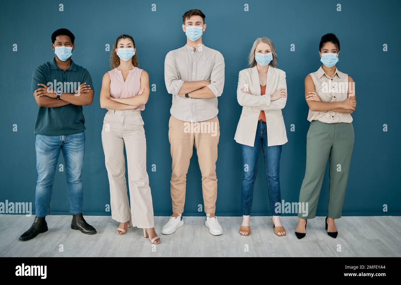 Portrait, covid and group of business people with arms crossed in ...