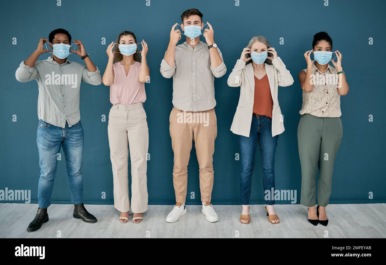 Covid, portrait and group of business people in office for health and ...