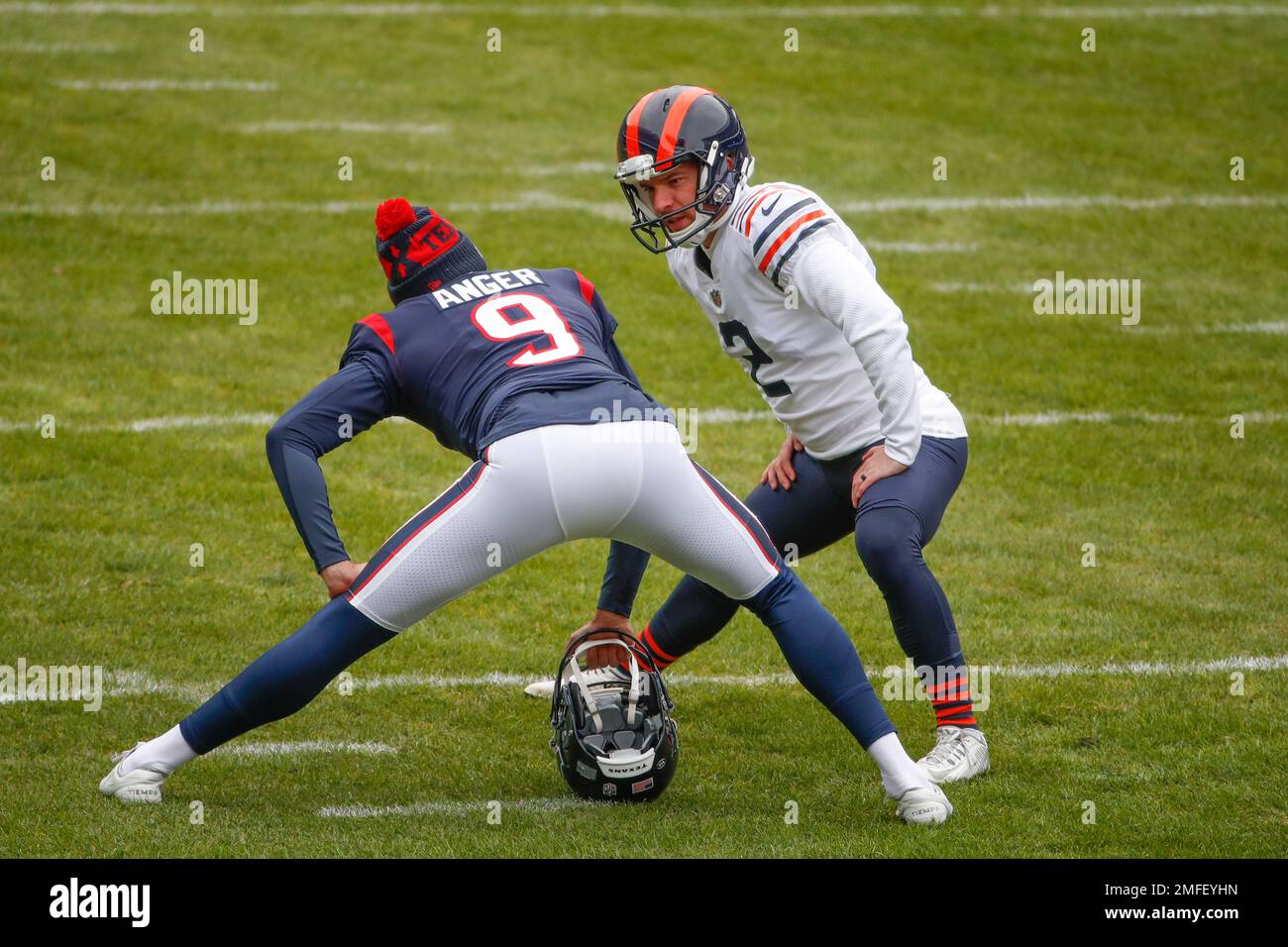 Chicago Bears kicker Cairo Santos (2) chats with Houston Texans punter ...