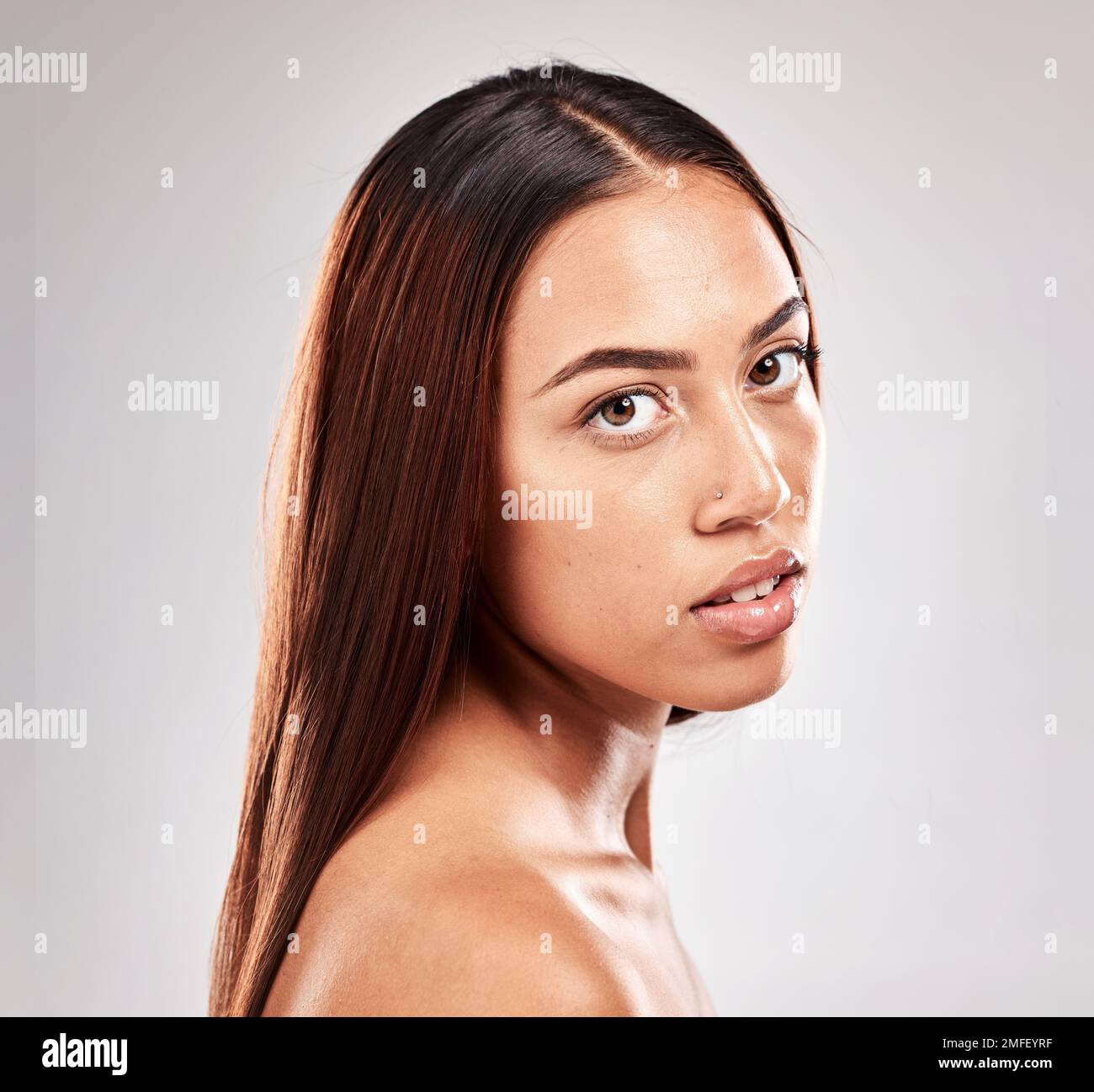 Portrait, woman and face of beauty or skincare model with natural skin ...