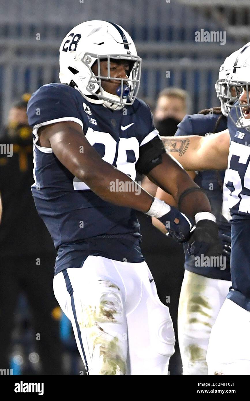 Penn State defender Jayson Oweh (28) celebrates a tackle against Iowa ...