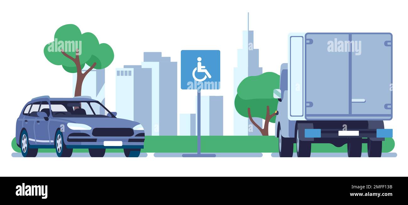 Disabled persons car is parked near parking sign for handicap ...