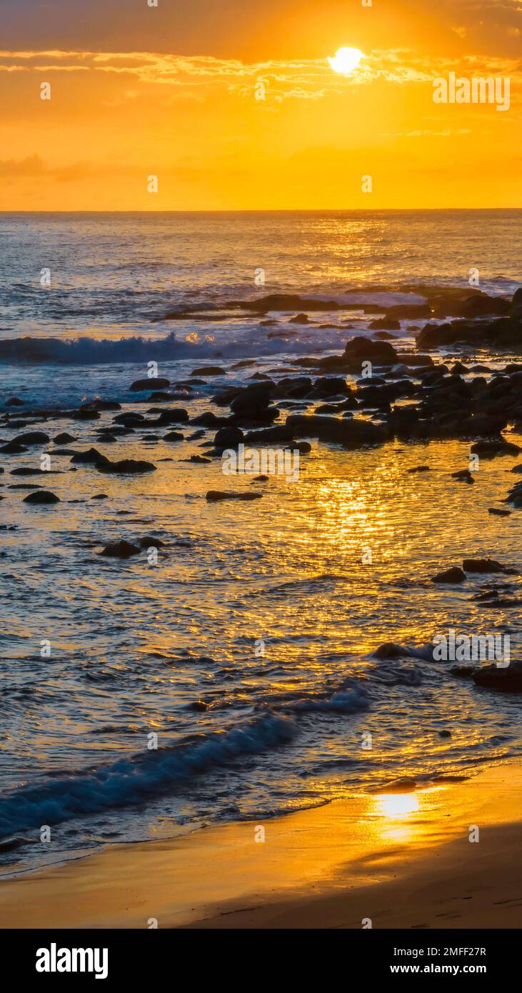 Aerial sunrise seascape with clouds at Macmasters Beach on the Central ...