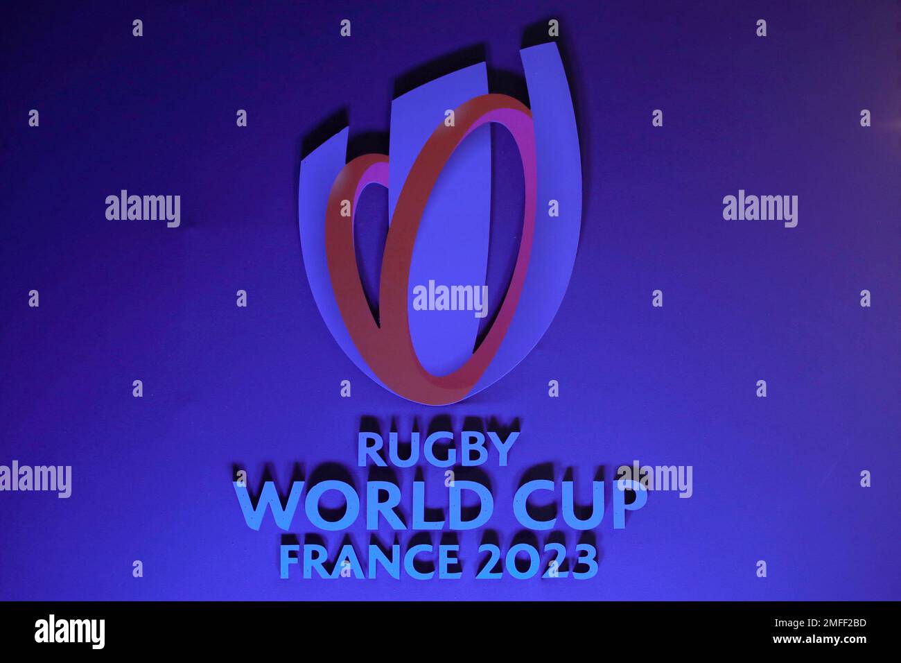 The logo of the Rugby World Cup 2023 is pictured after the draw, Monday ...
