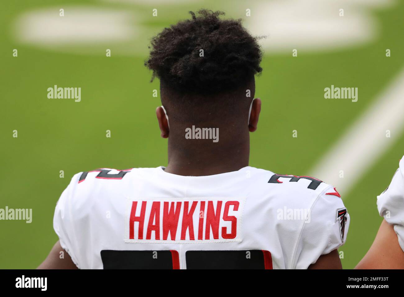 Head and shoulders photo of Atlanta Falcons safety Jaylinn Hawkins (32 ...
