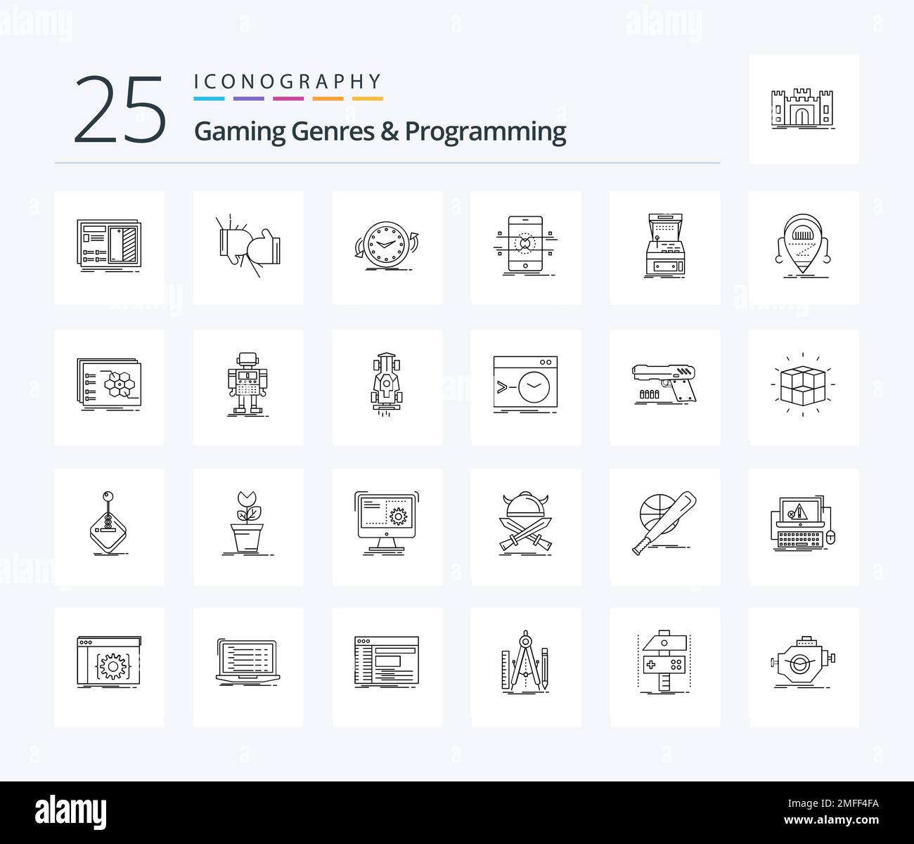 Gaming Genres And Programming 25 Line icon pack including mobile. api. fight. time. clockwise ...