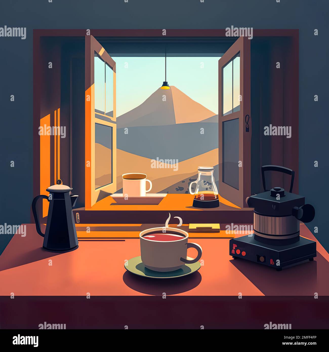 Cups of coffee on the windowsill. Illustration cartoon flat style Stock ...