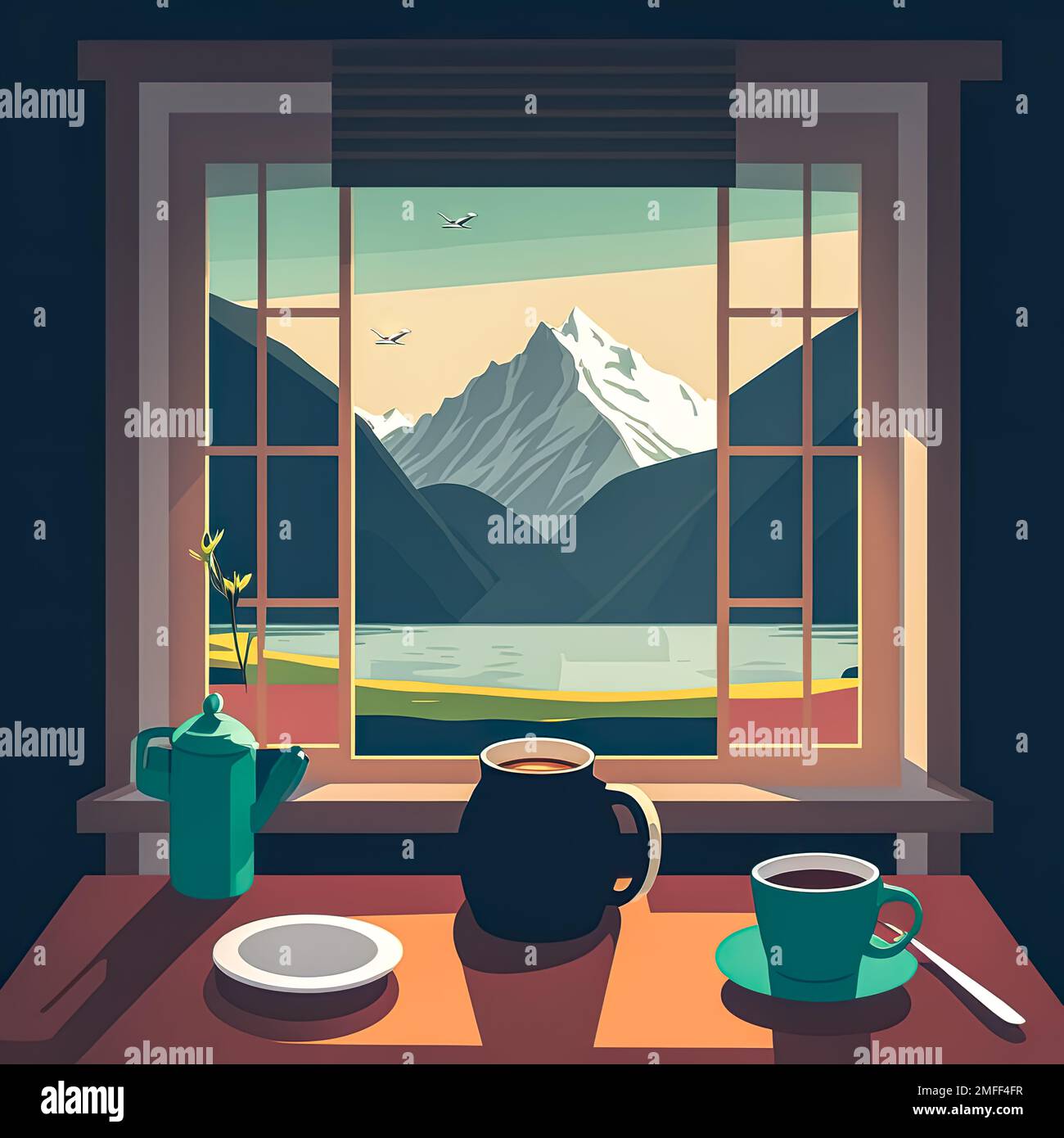 Cozy window with view with mountains, illustration cartoon flat style ...