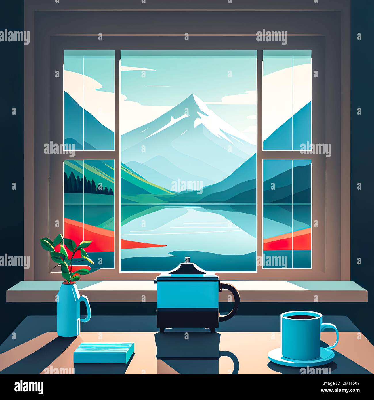 Window overlooking mountains and river, cup of tea in room interior ...