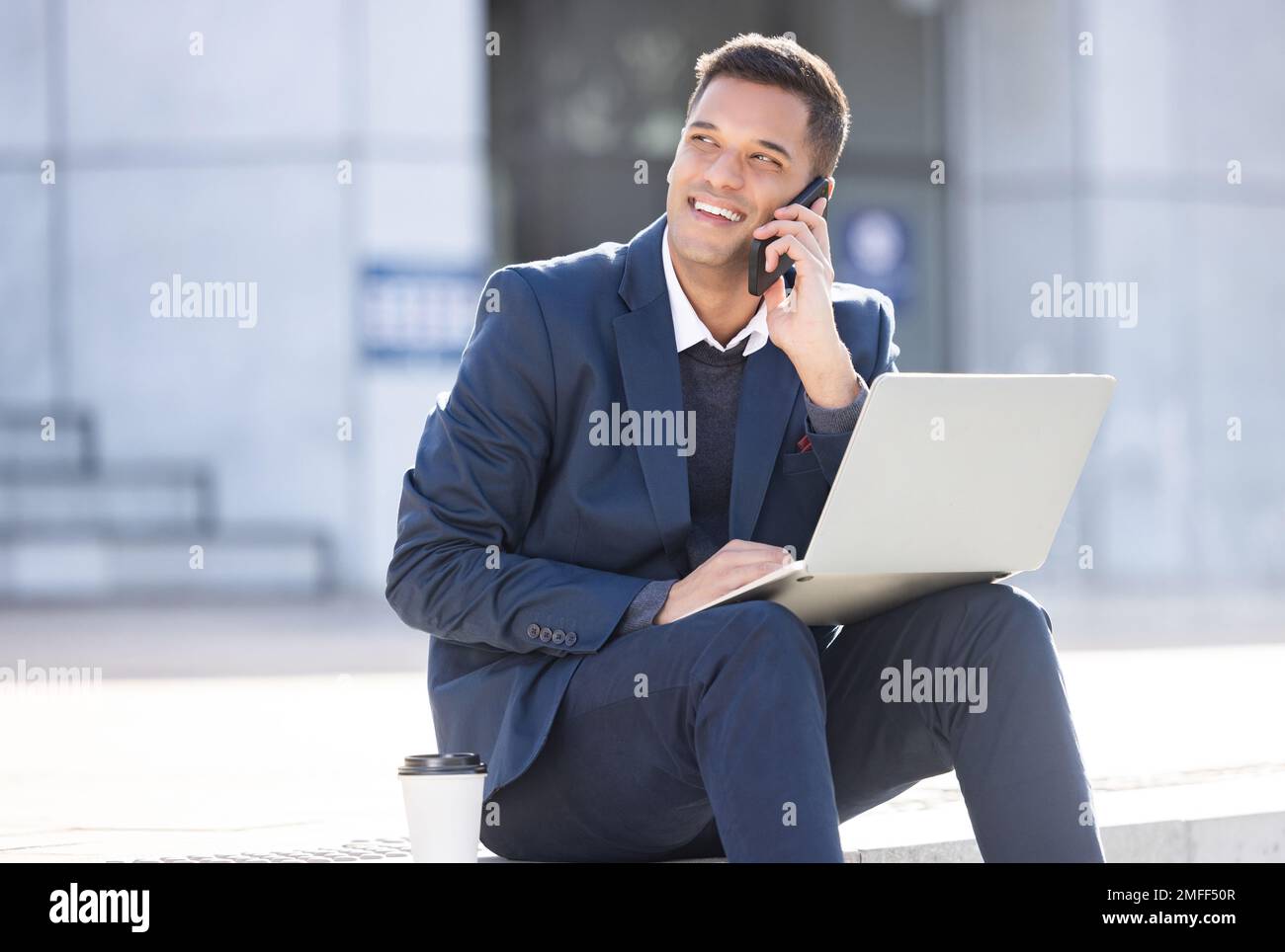 Thinking, phone call or business man with laptop for internet research ...