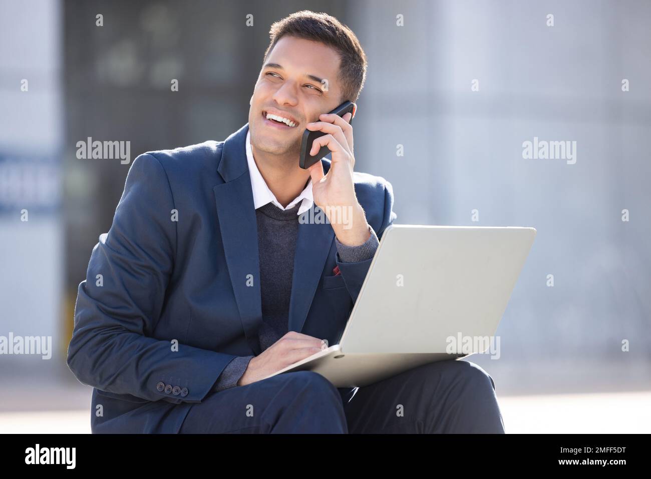 Happy, phone call or business man with laptop for internet research ...