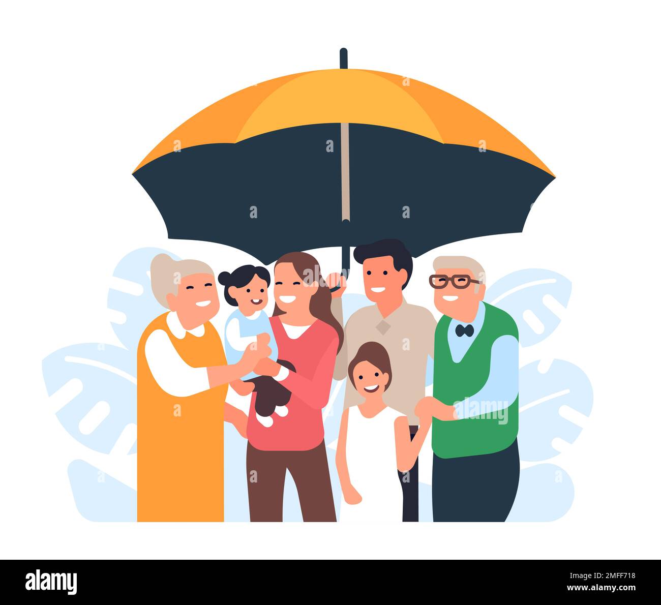 Caring for family. Parents with children under umbrella. Happy ...
