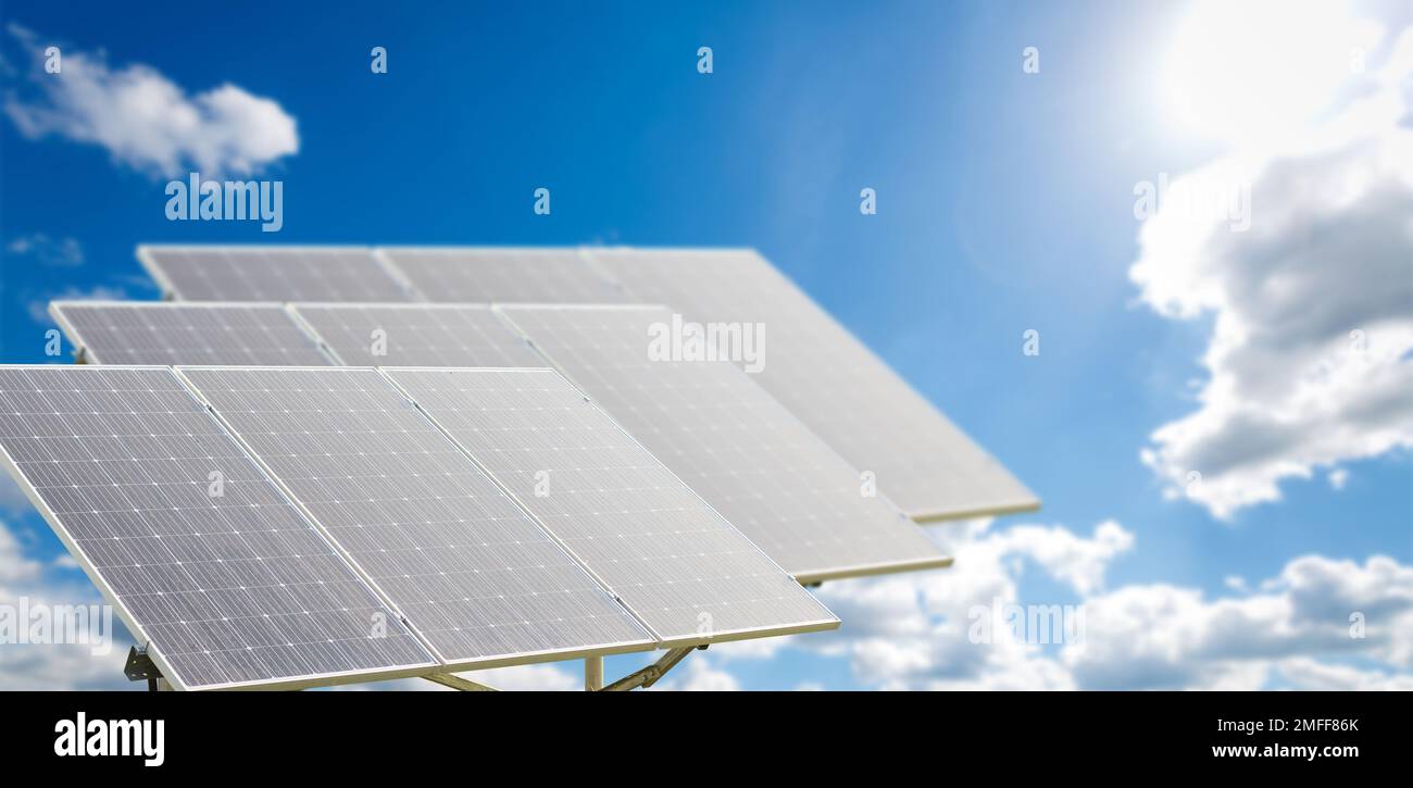 Solar panels on the sky background. Solar power plant. Blue solar ...