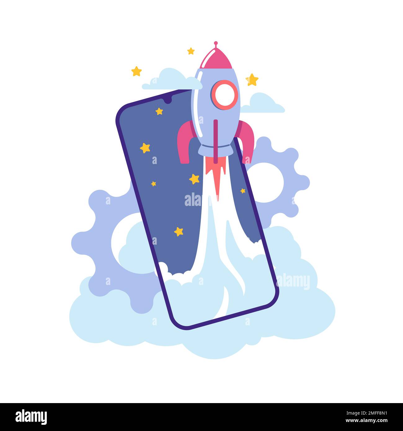 New project. Spaceship start up. Rocket ship takes off with smartphone ...