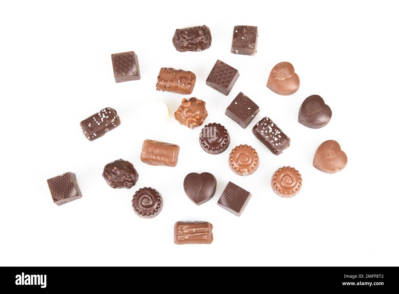 milk dark chocolate pralines in top view in white background Stock ...