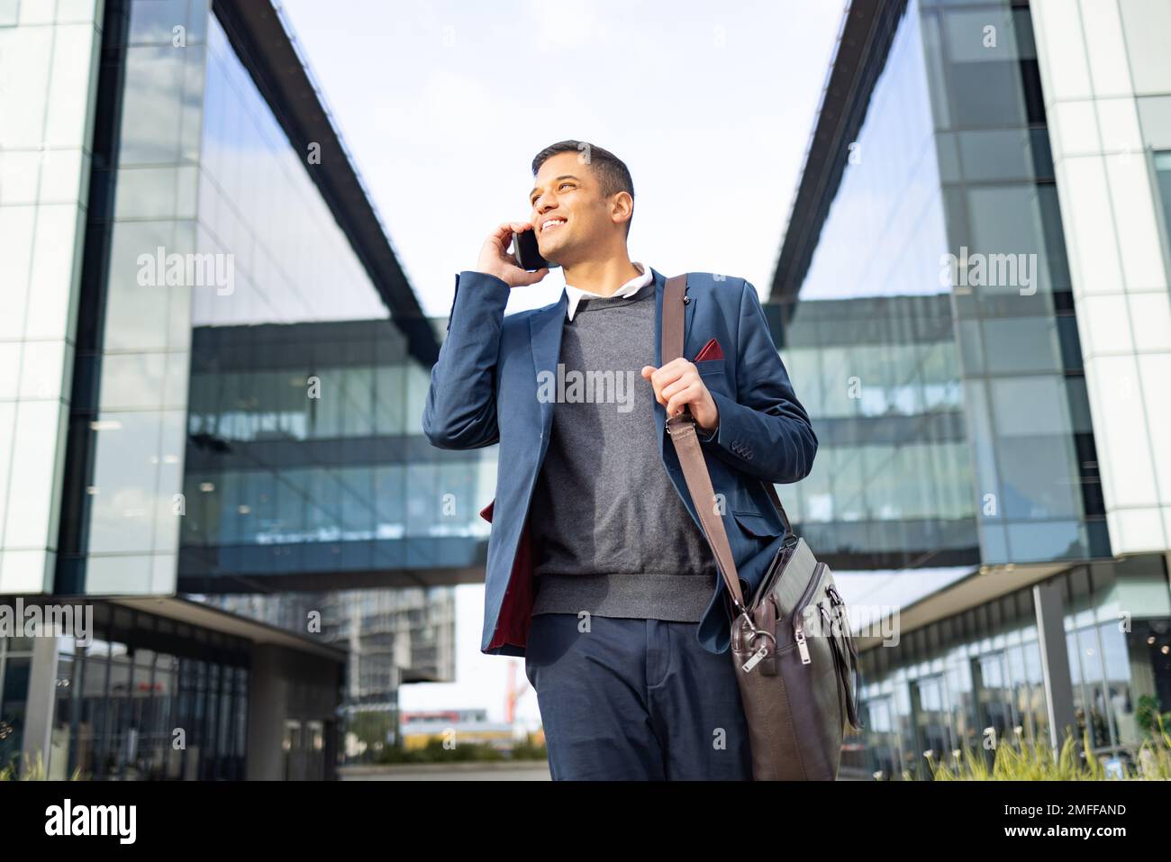 Phone call, communication or business man walking, networking and talk ...