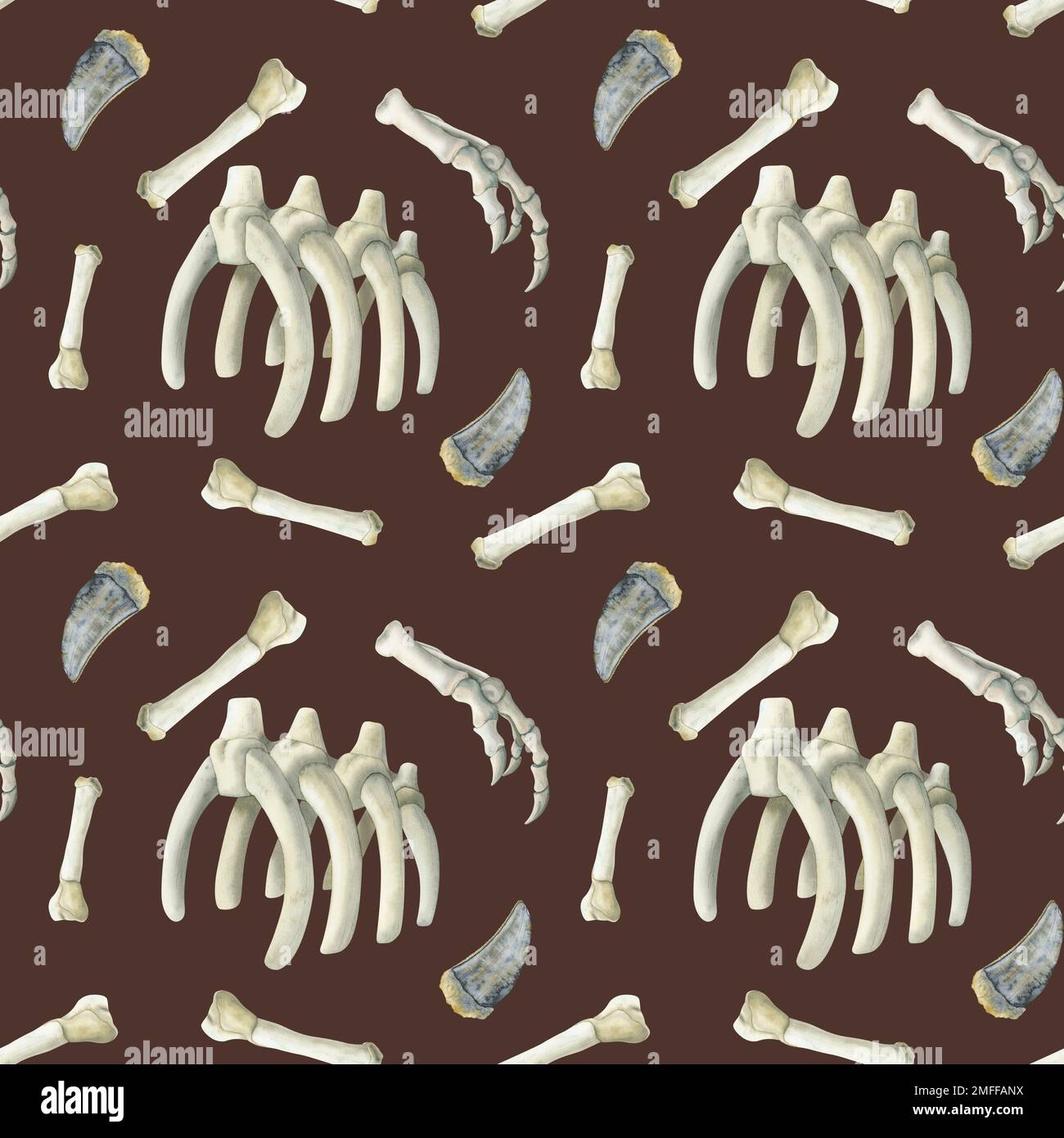 Watercolor dinosaur fossil bones seamless pattern with realistic ...
