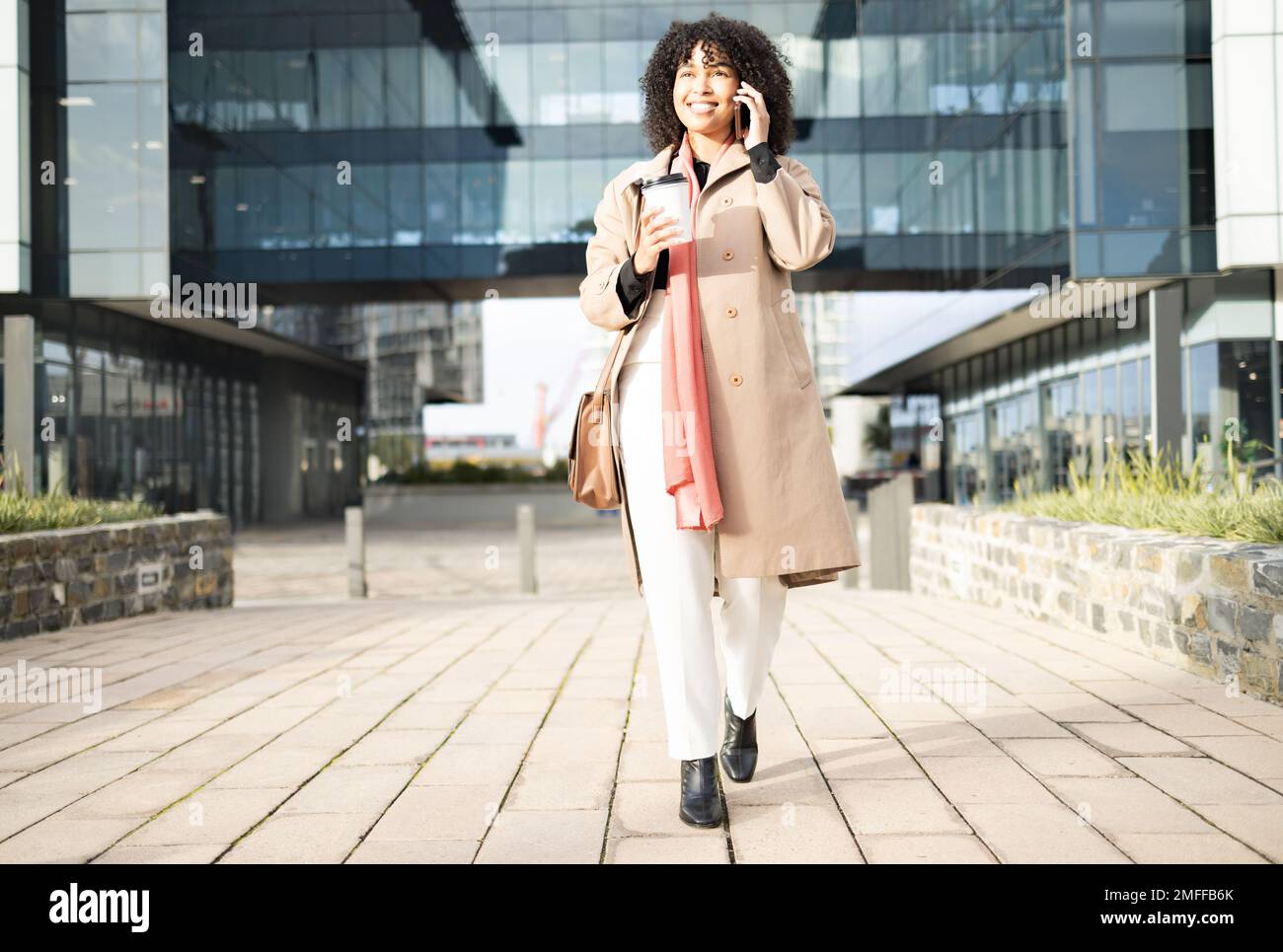 Phone call communication, walking and happy black woman networking, talking and on 5g ...